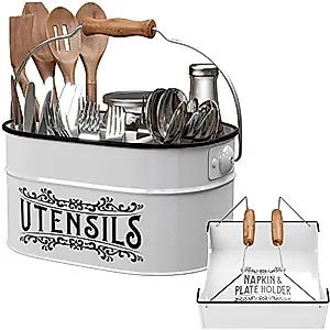 NOOK & FORK Farmhouse Utensil Caddy – Silverware & Flatware Holder/Organizer for Countertop & Parties with Matching Napkin Carrier Vintage White