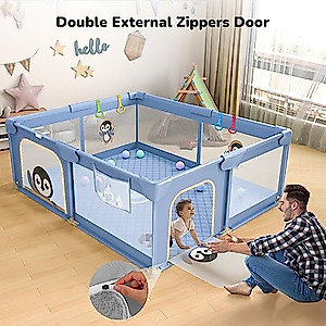 Baby Playpen for Babies and Toddlers, 71 x 59 inch Playpen with Mat, Unique Little Penguin Character Design, Soft Breathable Mesh Baby Play Yard for Indoor & Outdoor Family Time (Blue with Mat)
