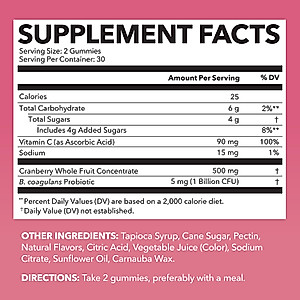 Probiotic Cranberry Gummies for Women - Urinary Tract Health and pH Balance - 1 Billion CFU of Lactobacillus for Bladder Support and Vaginal Wellness - Cran-Raspberry Flavor, 60 count, 1-Month Supply