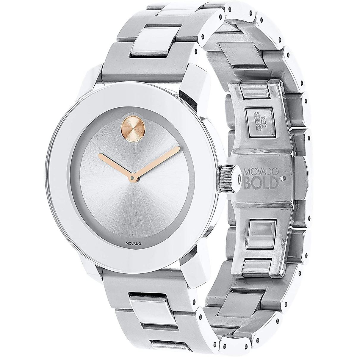Movado Women's BOLD Iconic Metal Watch with a Flat Dot Sunray Dial, Silver/Pink/Gold (Model 3600084)