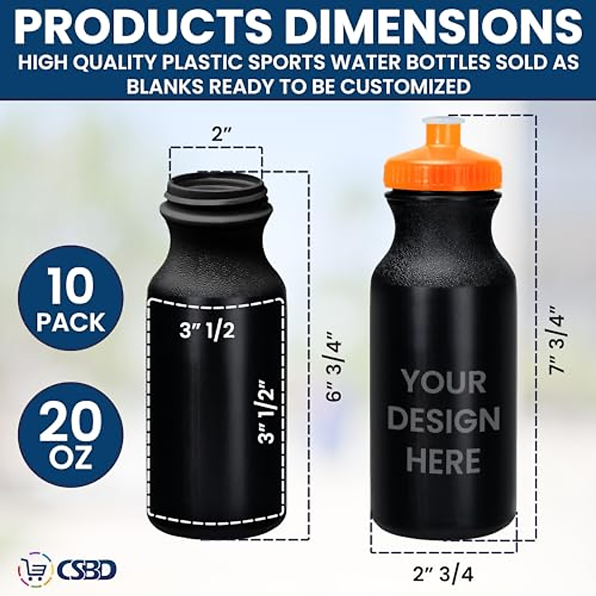 CSBD 20 oz. Bulk Water Bottles, Made in USA, Blank Plastic Reusable Water Bottles for Gym, Cycling, BPA Free, Plastic Water Bottles Pull Top Cap for Sports, Black Bottle/Neon Orange Lid - 10 Pack