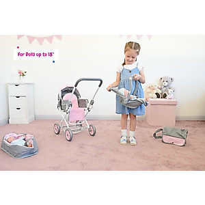 KOOKAMUNGA KIDS 5 Pc Baby Doll Stroller Set - Baby Doll Accessories - Baby Doll Playset w/ Doll Crib Stroller Car Seat - Playpen - Carry Cot - Diaper Bag - Ages 3+ - Deluxe Grey / Pink