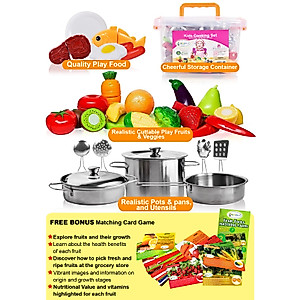 FUNERICA Play Food Set and Cookware Set with Realistic Stainless-Steel Pots and Pans and Utensils - Cutting Fake Food and Pretend Toy Kitchen Accessories Playset for Toddlers and Kids