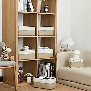 DULLEMELO Set of 6 Fabric Storage Baskets Bins for Organizing, Small Storage Baskets for Shelves, Closets, Nursery, Home, Office, Empty Gift Baskets (White&Khaki-Cloth Handles)