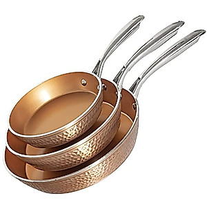 GOTHAM STEEL Hammered Copper Nonstick Frying Pan Set with Glass Lid (3 Pieces)