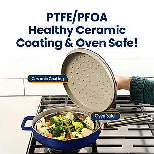 Nutricook OnePan - 10.5" Ceramic Saute Pan, Nonstick Frying Pan, Sauce Pan, Skillet, Oven Safe Induction Cookware, PTFE & PFOA Free, Blue