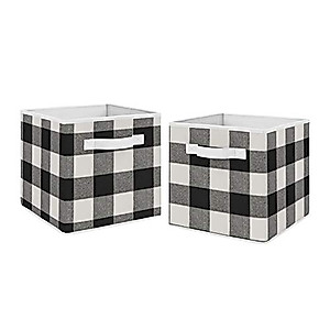 Sweet Jojo Designs Buffalo Plaid Foldable Fabric Storage Cube Bins Boxes Organizer Toys Kids Baby Childrens - Set of 2 - Black and White Check Rustic Woodland Flannel