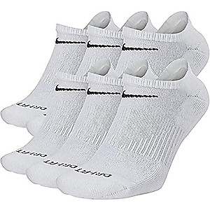 NIKE Dri-Fit Training Everyday PLUS MAX Cushioned No-Show Socks 6 PAIR White Black Swoosh Logo) LARGE 8-12