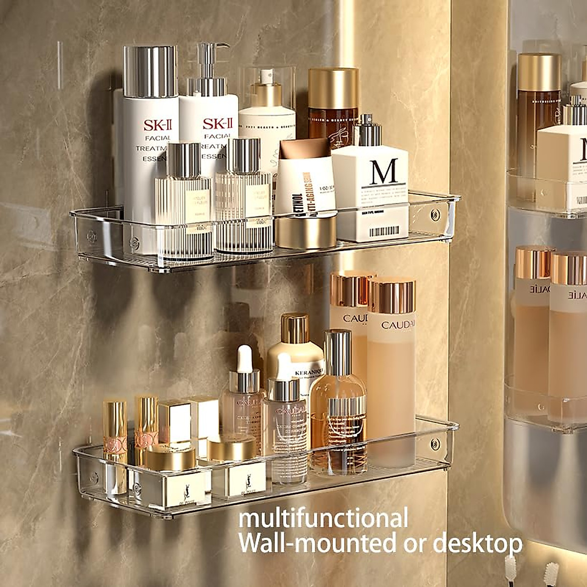 zeochyni Adhesive Shower Caddy Shelf, 2 Tier Floating Shelves for Bathroom Organizer & Wall Storage Home Decor, No Drilling Hang Walls Adhesive Shelf or Bathroom Counter Organizer (Clear)