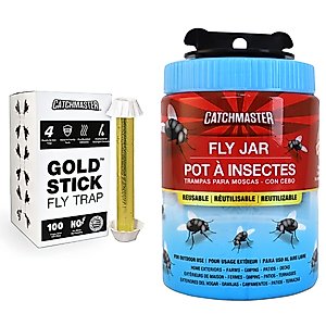 Catchmaster Fly Trap Bundle, Gold Stick 4-Pack & Outdoor Fly Jar, for Garage, Backyard, Pool, Patio & Camping