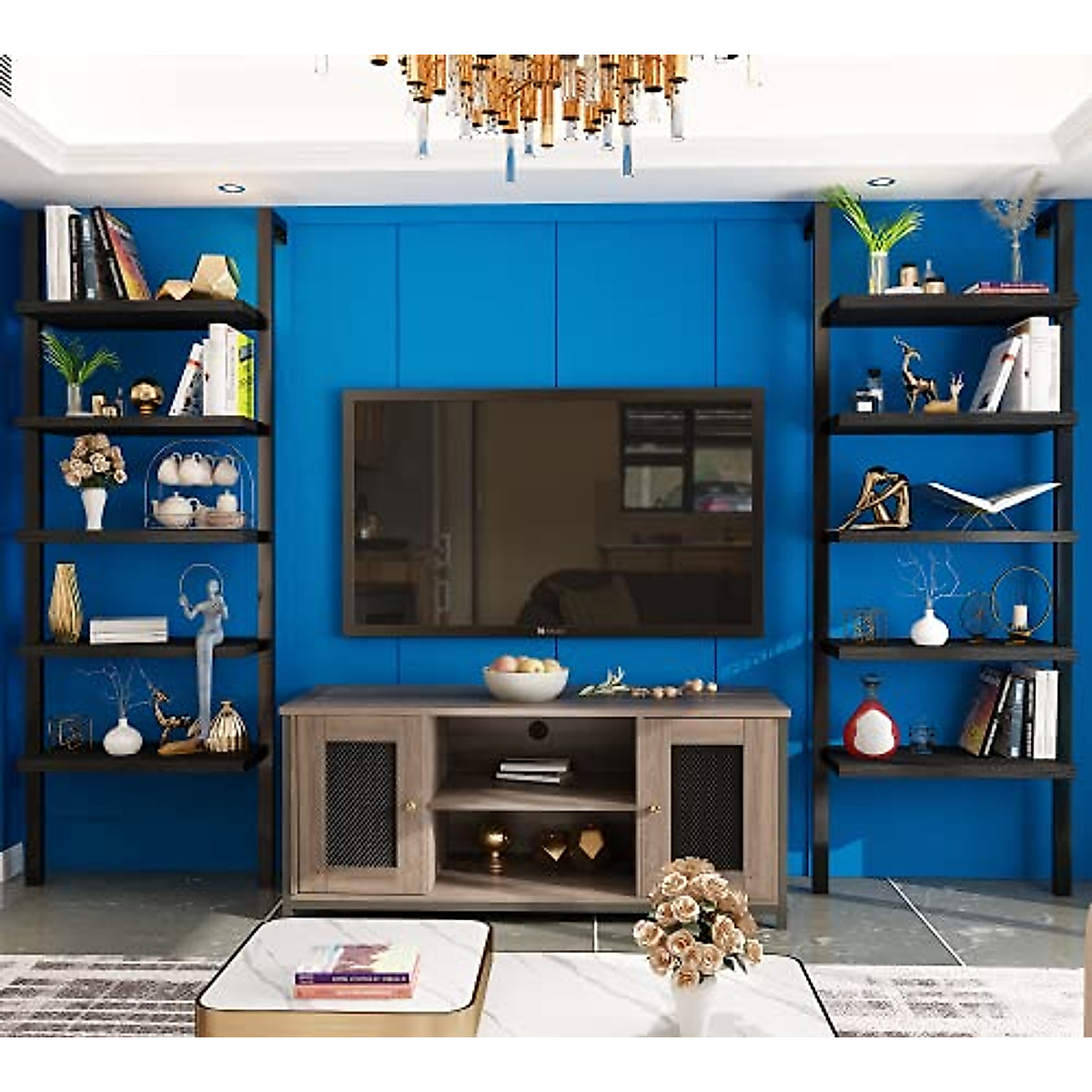 DKLGG 5-Tier Book Shelf Rack Against The Wall, Tall Ladder Shelf Wooden Bookcase Metal Frame Storage Plant and Flower, Single Standing Bookshelf Ladder ​for Living Room, Bedroom, Balcony, Home Office