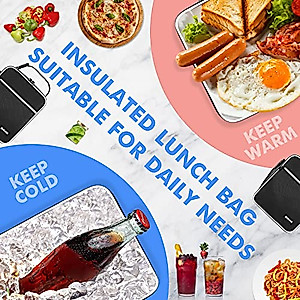 Lunch Box Insulated Lunch Bag - Durable Small Lunch Bag Reusable Adults Tote Bag Lunch Box for Adult Men Women (Black with White)