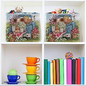 Spring Flowers Truck Car Storage Basket Fabric Laundry Baskets Sunflower Rose globe Daisy Lavender Storage Boxes Organizer Bag for Baby Cloth Dog Toy Book Storage Cubes Shelf Closet Bins 16x12x8