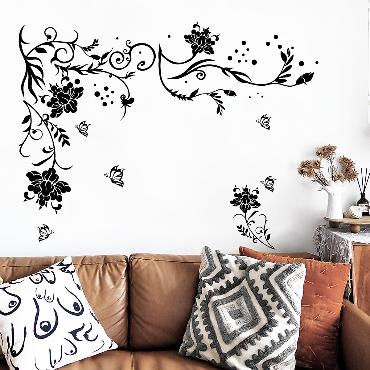 Supzone Flowers Vine Wall Decals Black Flower Wall Stickers Butterfly Floral Wall Decor Removable Vinyl DIY Home Wall Art Stickers for Bedroom Living Room Sofa Backdrop TV Wall Decoration