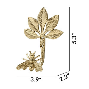 SOFFEE DESIGN Set of 2 Wall Mounted Metal Coat Hooks, Gold Bee Leaf Hanging Rack Hooks for Entryway, Bathroom, Bedroom Farmhouse Decoration