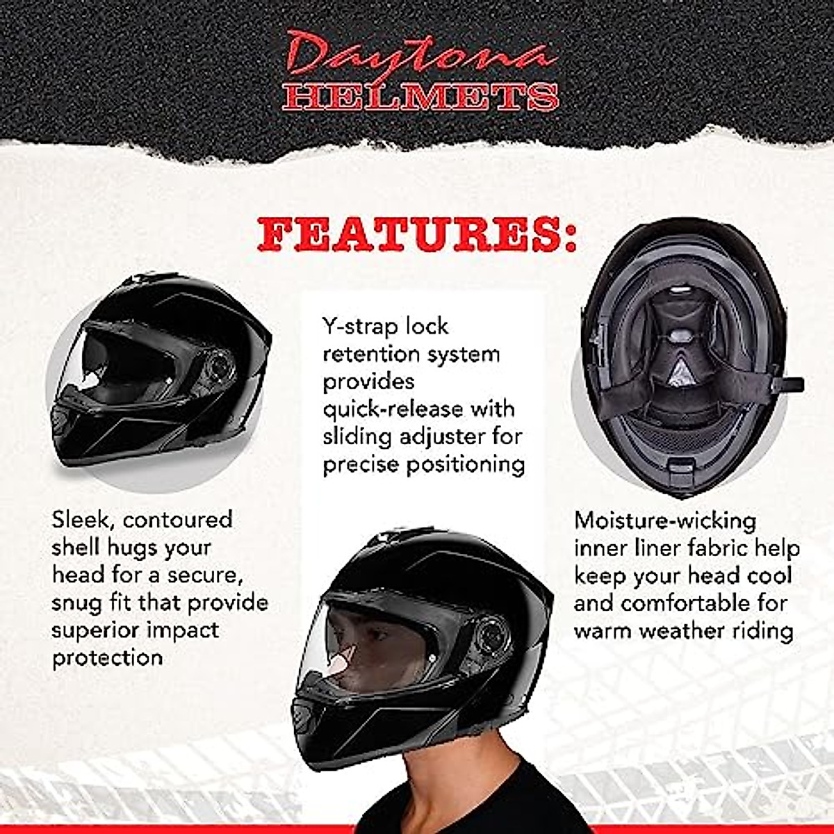 Daytona Glide Helmet - Hi Gloss Black - Lightweight Dirt Bike Helmet with Anti-Scratch Shield - DOT Approved Anti Fog Helmet with Dual Density EPS Liner - Bluetooth Compatible - XL - 4.13 Pounds