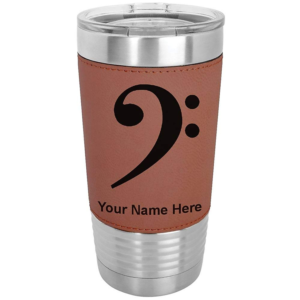 LaserGram 20oz Vacuum Insulated Tumbler Mug, Bass Clef, Personalized Engraving Included (Faux Leather, Dark Brown)