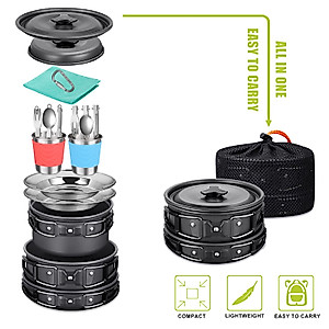 G4Free 18pcs Camping Cookware Mess Kit Non-Stick Lightweight Pots Pan Set with Stainless Steel Cups Plates Forks Knives Spoons for Camping Backpacking Outdoor Cooking and Picnic (Grey, 21PCS)