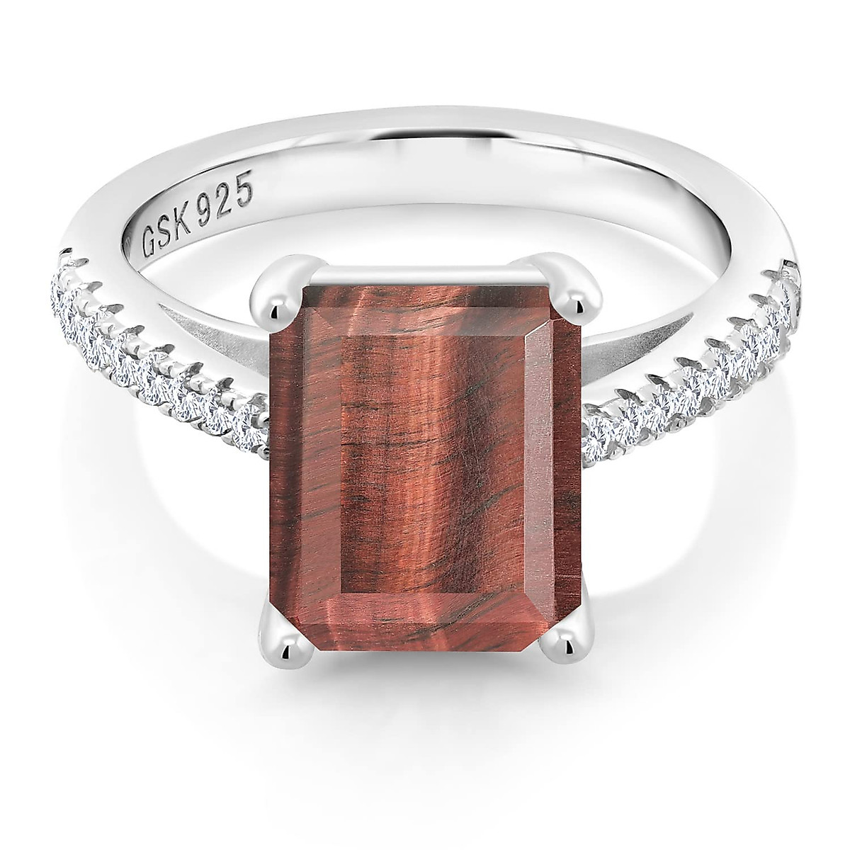 Gem Stone King 925 Sterling Silver Red Tiger Eye and White Created Sapphire Women Ring (3.26 Cttw Emerald Cut 10X8MM, Available In Size 5, 6, 7, 8, 9)