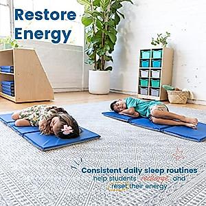 ECR4Kids Everyday Folding Rest Mat, 3-Section, 1in, Classroom Furniture, Blue/Grey