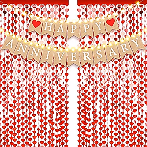 Breling 6 Pieces Burlap Happy Anniversary Banner Party Bunting Garland Decorations Wedding Decoration Supplies Hanging Red Heart Streamer with LED Lights, M