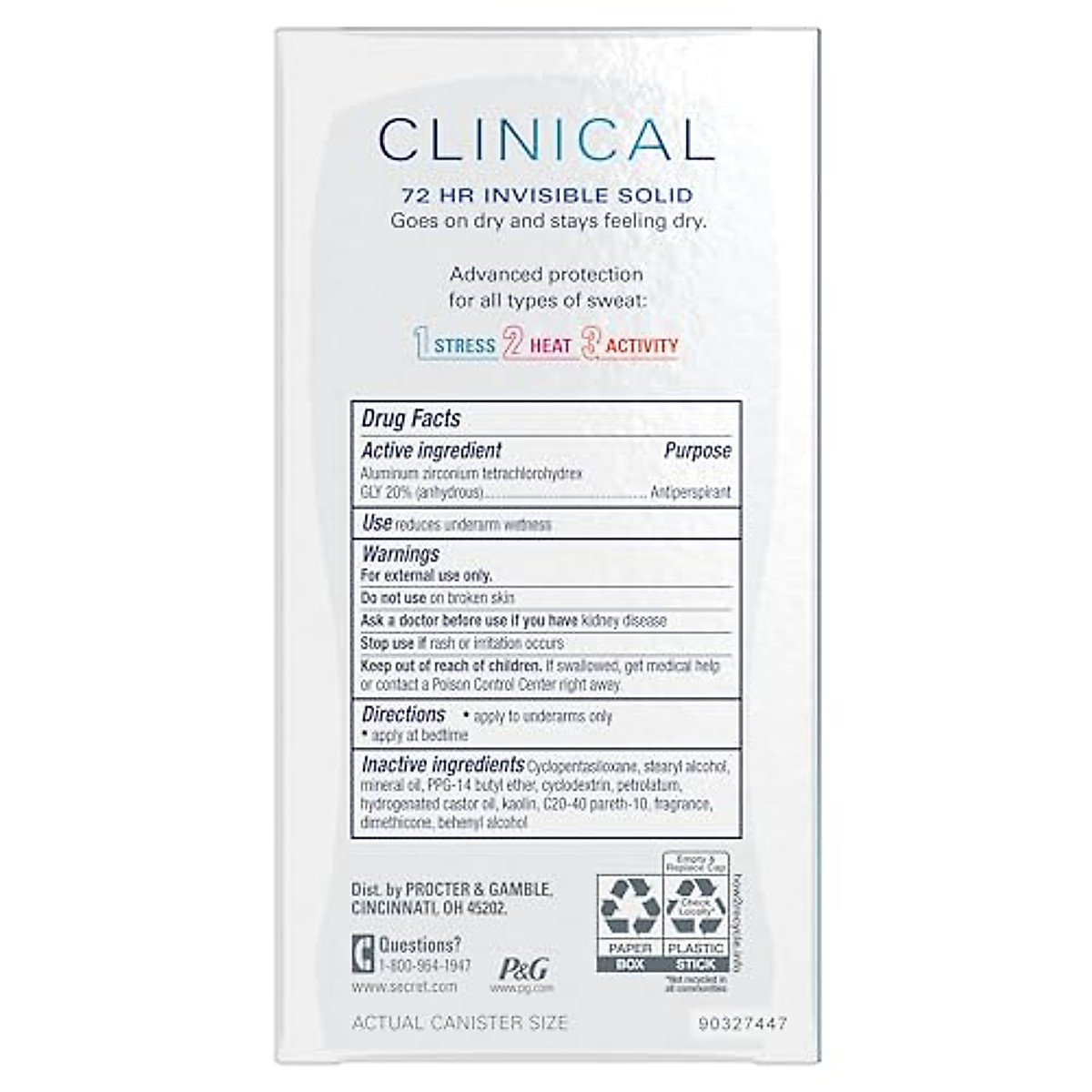 Secret Clinical Strength Antiperspirant Deodorant for Women, 3X Stress Protection, 72hr Sweat & Odor Protection, PH Balancing Minerals, Invisible Solid, Completely Clean Scent, 1.6 oz