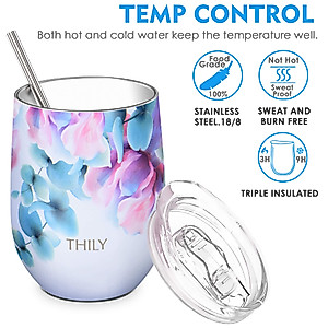 THILY Vacuum Insulated Stemless Wine Tumbler 12 oz Stainless Steel Wine Glass with Lid and Straw, Keep Cold or Hot for Coffee, Cocktails, 2 Pack(Pink Lilies + Lotus Flower)