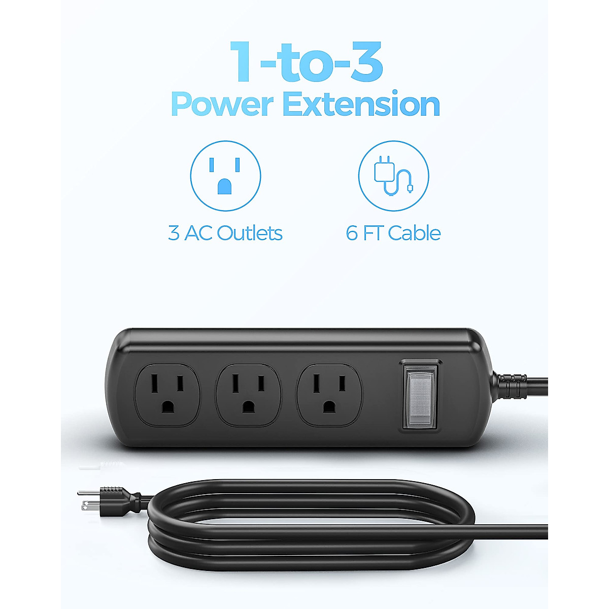 Outdoor Power Strip Weatherproof, 6 FT Extension Cord, Waterproof Surge Protector with 3 Wide Outlets, 1875W Overload Protection, Shockproof Outlet Extender for Kitchen Patio Christmas Lights, Black