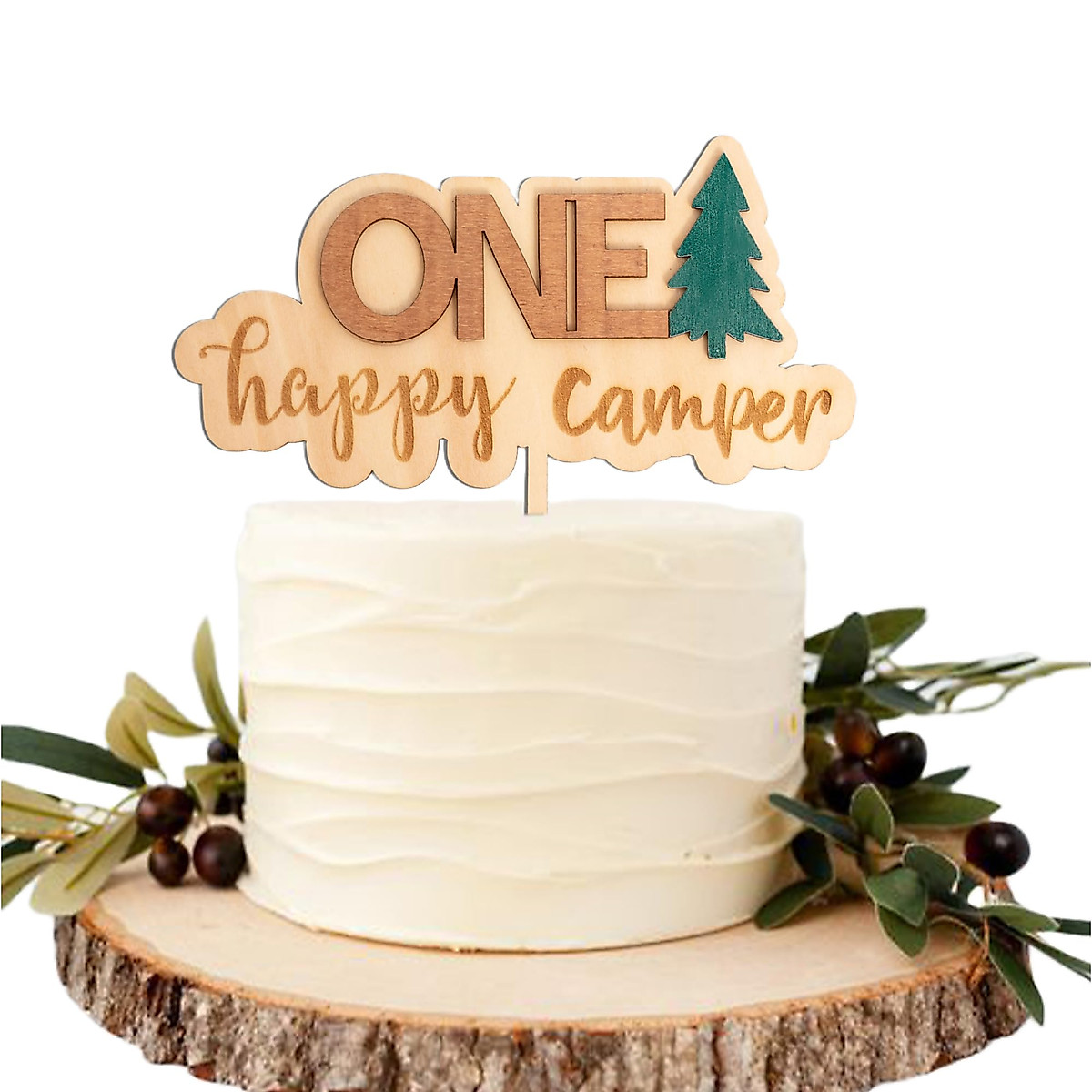 CIEQR One Happy Camper Cake Topper - Camping Theme Wooden Cake Topper, First Birthday Cake Decoration for Baby Shower, 1st Birthday Party, Anniversary, Baby Photo Booth Props...