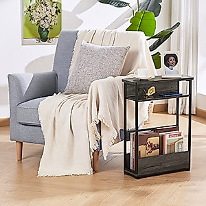 Vintage Narrow Side Table with Storage Shelf, 3 Tier Slim End Table Modern Sofa Table for Narrow and Small Spaces, Bedside Table Small Nightstand with Magazine Rack/Grey, 7.1D x 18.1W x 24.6H inch