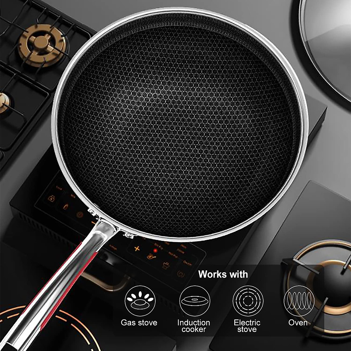 316L Stainless Steel Non Stick Wok Pan with Lid,12.6 Inch Saute Pans Nonstick Stir Fry Pan suit for Induction Cooktop, Gas, Ceramic and Electric Stove,Safe for Dishwasher and Oven,Stay-Cool Handle