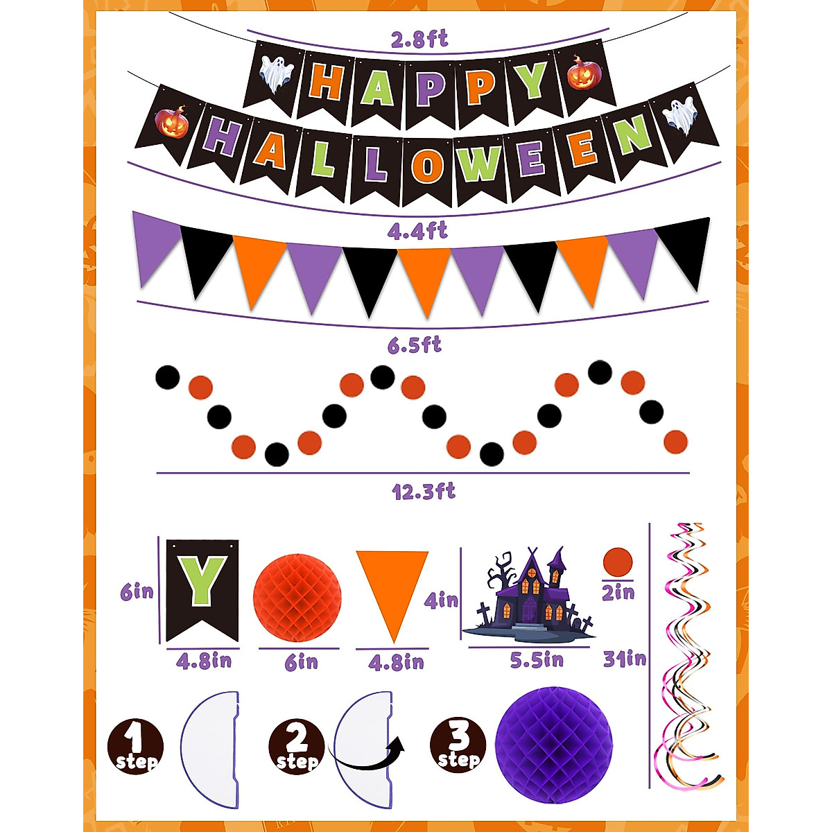 Oomloid Halloween Party Decorations Indoor - Happy Halloween Banner, Hanging Swirl Streamers, Halloween Sign Triangle Flag Bunting Halloween Supplies for Trunk or Treat Decorations