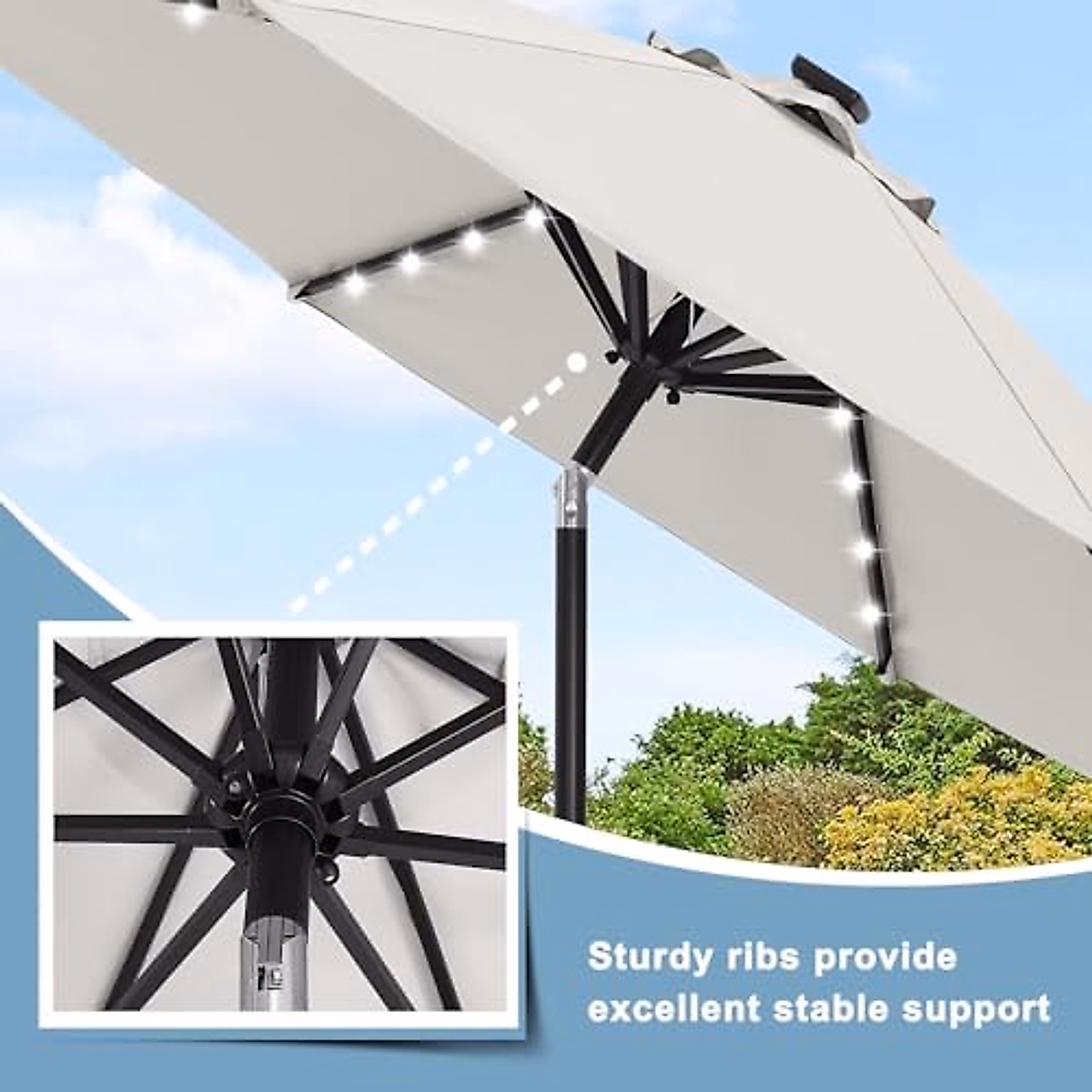 ABCCANOPY Durable Solar Led Patio Umbrellas with 32LED Lights 9FT (Light Beige)