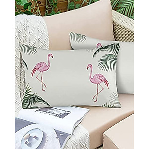 Vandarllin Outdoor Throw Pillows Covers 12X20 Set of 2 Waterproof Pink Flamingo Decorative Zippered Lumbar Cushion Covers for Patio Furniture, Tropical Palm Leaf