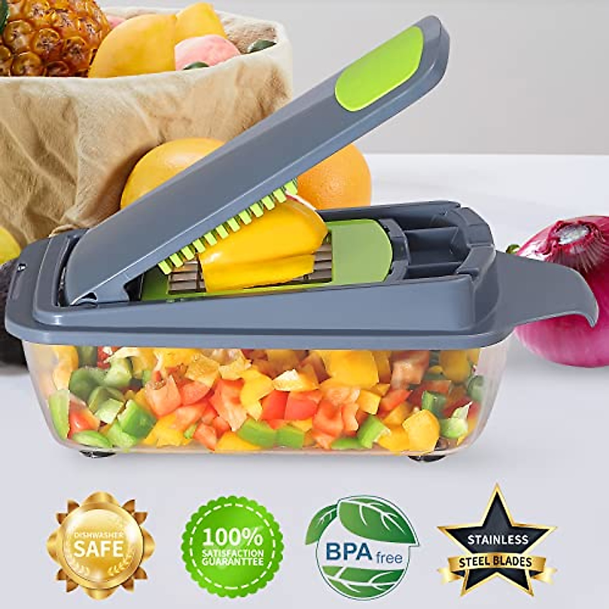 Vegetable Chopper, Heavy Duty Onion Chopper with Container, Dishwasher Safe Veggie Chopper, 4 Blade Food Chopper Dicer Cutter