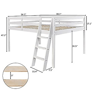 Bonnlo Low Loft Bed Full Size with Inclined Stairs, Junior Loft Bed with High Guard Rail for Kids/Young Teens/Adults, Solid Wood Low Bunk Bed Full Size White, 2 Center Beams, No Box Spring Required