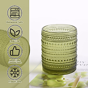 Wongblee Hobnail Drinking Glasses Set of 6, Vintage Colored Glassware 11oz, Beverage Glass Cups for Water, Juice, Cocktail (Green)