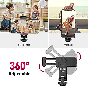 ULANZI Phone Tripod Mount ST-06S, Universal Smartphone Mount Adapter with 2 Cold Shoe, 360° Rotates and Adjustable Cell Phone Clip Clamp Holder, Compatible with iPhone, Samsung Galaxy and All Phones