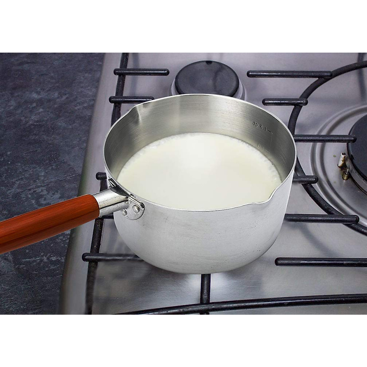 Bene Casa - Aluminum Double Spout Saucepan with Natural Wooden Handle (13" x 3.5" - 2 Quart) - Handle Includes Hanging Loop for Simple Storage - Dishwasher Safe