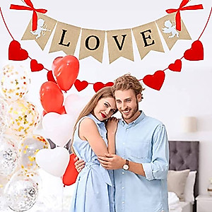 2 Pack Valentines Day Garland Valentines Day Decor Burlap Banner Rustic Love Hanging Banner Valentines Decoration Felt Heart Garland Banner Bunting Photo Props Party Supplies for Mantle Fireplace Wall