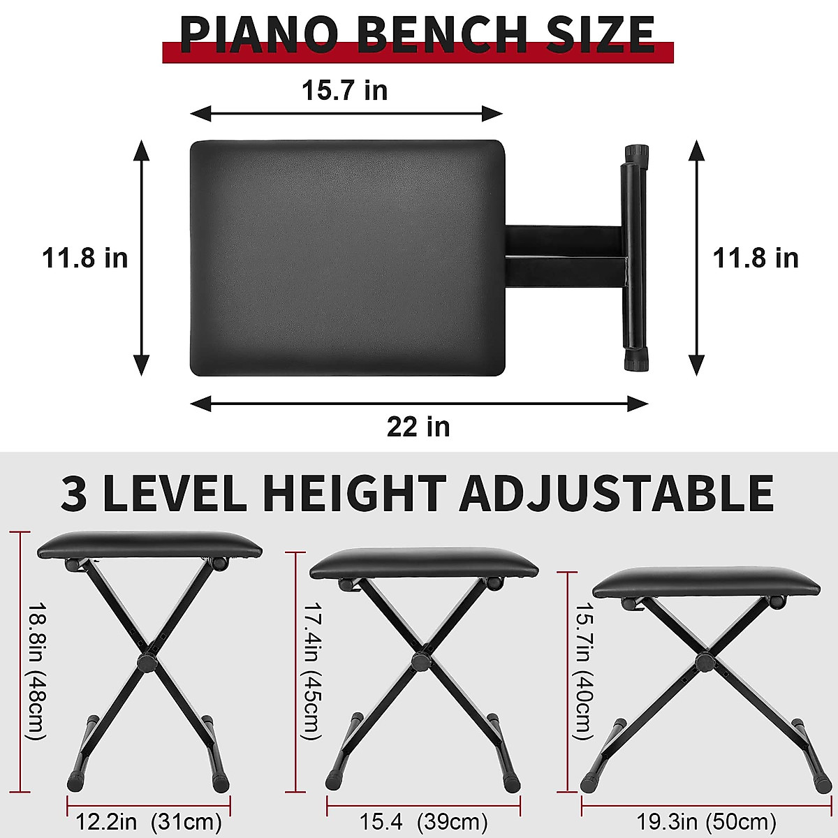 MUZNOTE Piano Bench, Adjustable Keyboard Bench Padded Keyboard Chair Seat X-Style Collapsible, Flame Retardant Cotton, Non-Slip Waterproof Design, Black