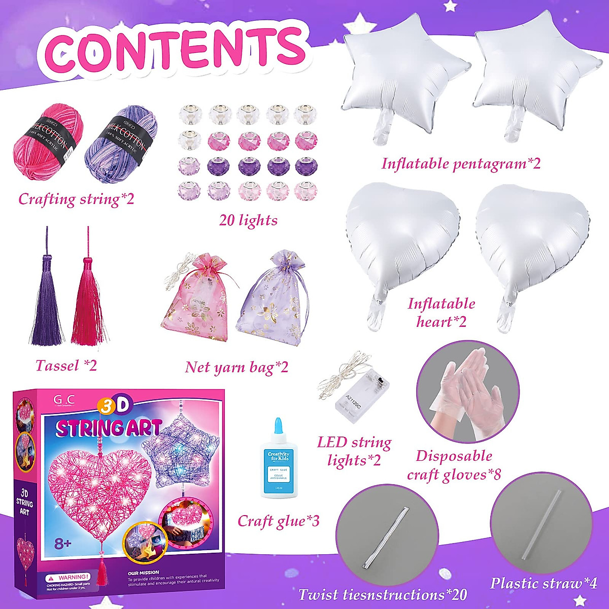 G.C 3D String Art Kit for Kids Arts and Crafts for 8 9 10 11 12 Year Old Girls Boys DIY Light up Heart Star Lantern Toys Birthday Gifts 20 Multi-Colored LED Bulbs