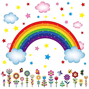 Joyduo 3 Sheets Rainbow Wall Decal Rainbow Wall Sticker, Large Removable Rainbow Butterflies Clouds Star Flower Wall Decals for Nursery Kids Girls Bedroom Decor