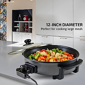 OVENTE Electric Skillet and Frying Pan, 12 Inch Round Cooker with Nonstick Coating, 1400W Power, Adjustable Temperature Control, Tempered Glass Lid with Vent and Cool Touch Handles, Black SK11112B
