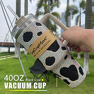 Cupcupmore 40oz Black Cow Bling Rhinestone Stainless Steel Sippy Tumbler Glitter Vacuum Insulated Water Bottle with Straw & Lid & Handle,Thermos for Hot & Cold Drinks,Car Cup Holder,Coffee
