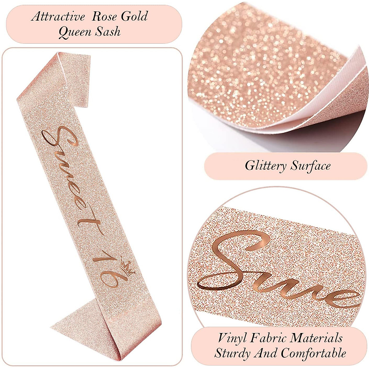 8pcs Sweet 16 Birthday Decorations for Girls, Including 16th Happy Birthday Cake Toppers, Birthday Queen Sash with Pearl Pin, Sweet Rhinestone Tiara Crown, Number Candles and Balloons Set, Rose Gold