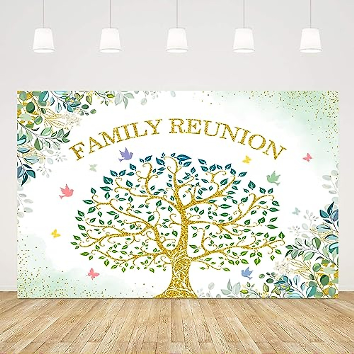 Wollmix Family Reunion Decorations Backdrop Banner Family Tree Leaves Members Welcome Signs Photography Background Gathering Gold and Green Supplies Photo Banner Booth Props 5x3ft