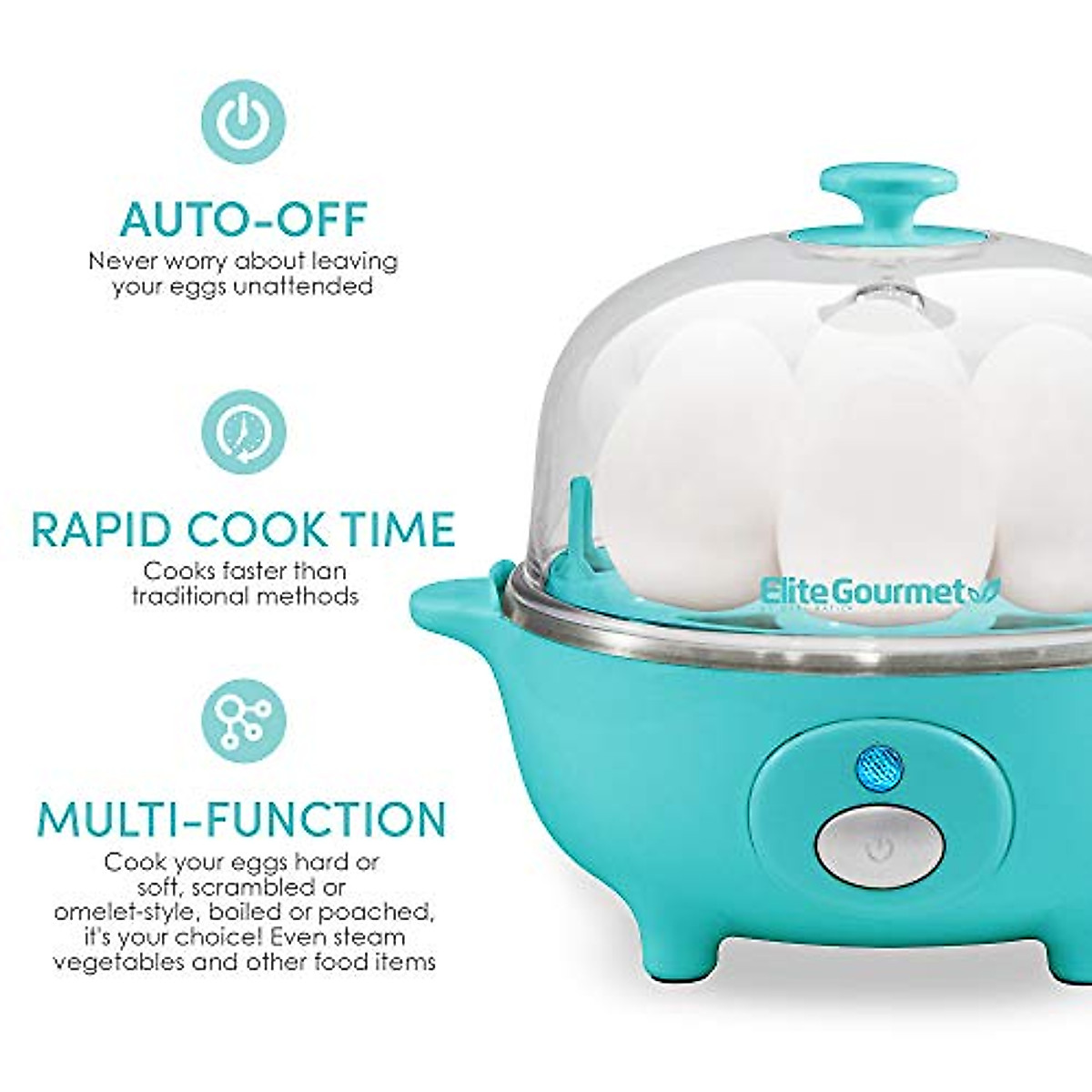 Elite Gourmet Easy Electric 7 Egg Capacity Soft, Medium, Hard-Boiled Cooker Poacher, Scrambled, Omelet Maker with Auto Shut-Off and Buzzer, BPA Free