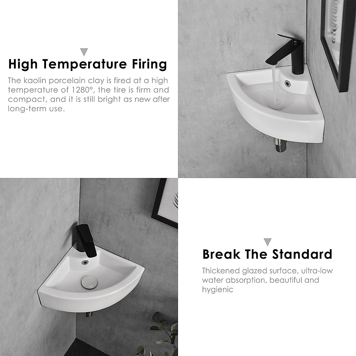 Davivy 18" x 13" Corner Bathroom Sink with Pop Up Drain and Installation Kit,Wall Mount Corner Sink,Ceramic Vessel Sink,Small Corner Sink,White Vessel Sink,Small Vessel Sink for Bathrooms