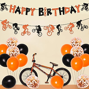 Bike Birthday Party Decorations Orange and Black Bicycle Motocross Party Decorations - BMX Happy Birthday Banner Bike Cake Topper Garland Balloons, Extreme Sports Party Supplies for Boys